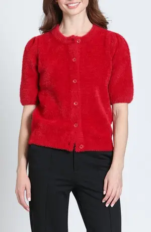 APNY Fuzzy Puff Sleeve Cardigan - Red