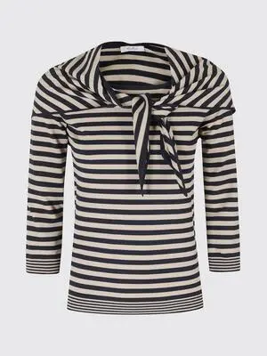 Max Mara Slim Fit Striped Wool Crewneck Jumper With Pussy-bow Neck - Gray
