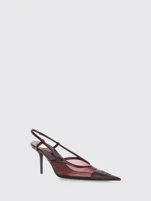 Saint Laurent Renee Mesh And Leather Slingback Pumps With Monogram And Mid Heel - Red
