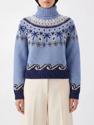 Alanui Turtleneck Jumper In Pure Virgin Wool With Abstract Jacquard Pattern - Sky