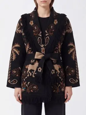 Alanui Jacquard Wool And Cashmere Blend Cardigan With Fringed Trim And Belt - Beige