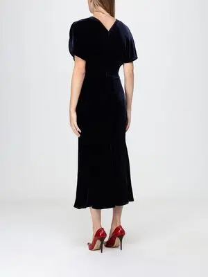 Victoria Beckham Bela Velvet Midi Sheath Dress With Puff Sleeves