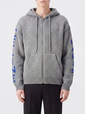 Celine Zip-up Hoodie In Knitted Wool With Jacquard Logo - Grey