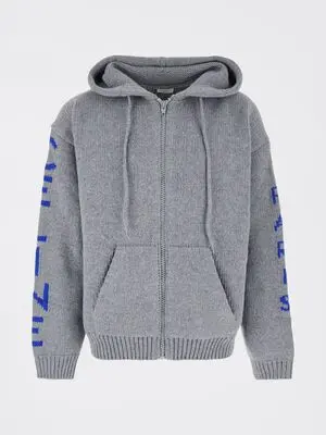 Celine Zip-up Hoodie In Knitted Wool With Jacquard Logo - Grey