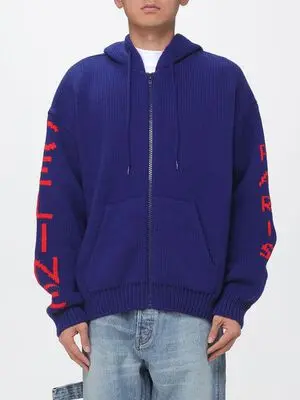 Celine Zip-up Hoodie In Knitted Wool With Jacquard Logo - Navy