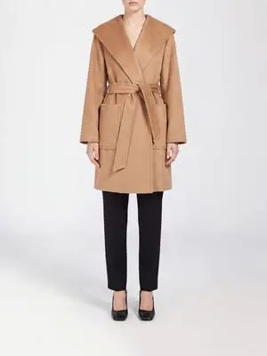 Max Mara Knee-length Camel Wool Robe Coat With Shawl Collar And Belt - Brown
