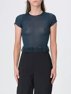 Saint Laurent Cropped Sheer Silk Top With Short Sleeves And Lace Inserts - Green