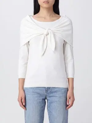 Max Mara Slim Fit Striped Wool Crewneck Jumper With Pussy-bow Neck - White