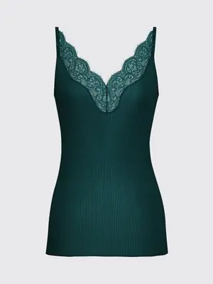Saint Laurent Ribbed Silk Knit Top With Lace Inserts - Green
