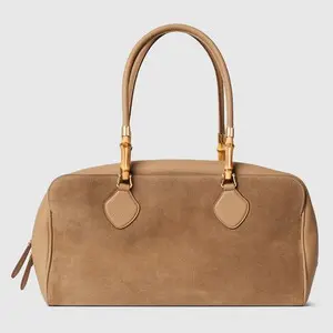 Gucci Large Boston Bag With Bamboo Suede - Beige