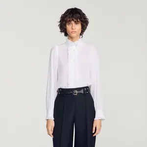 Sandro Silk Shirt With Gathered Collar - White