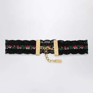 Chloé Choker Necklace In Lace And Floral Jacquard Ribbon - Black