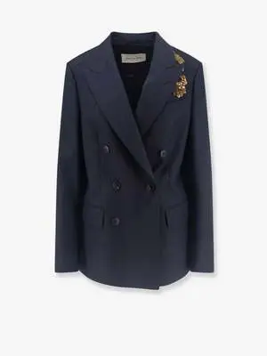 Dries Van Noten Barrysta Wool Blazer With Gold Embroidery - Blue