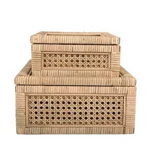 OLIVE GROVE Woven Wood And Rattan Display Boxes With Glass Lids, Set Of 2 - Natural