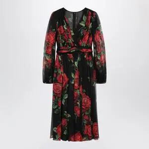 Dolce & Gabbana Dress With Rose Print In Silk Chiffon - Black