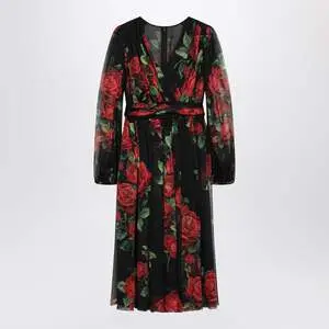 Dolce & Gabbana Dress With Rose Print In Silk Chiffon - Black