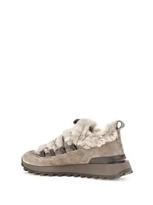 Brunello Cucinelli Suede And Tech Cotton Sneakers With Shearling Lining And Monili Detail - Gray