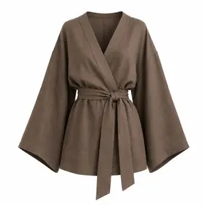 IDYLLO Linen Mini Kimono Dress - Brown