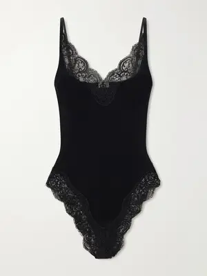 Saint Laurent Ribbed Lace-trimmed Silk-jersey Bodysuit