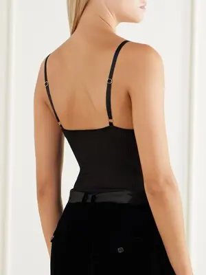 Saint Laurent Ribbed Lace-trimmed Silk-jersey Bodysuit