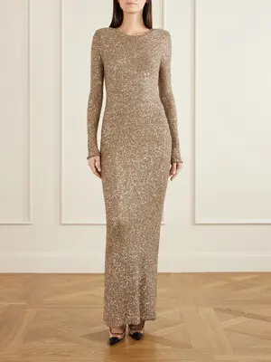 Saint Laurent Sequined Knitted Maxi Dress - Gold