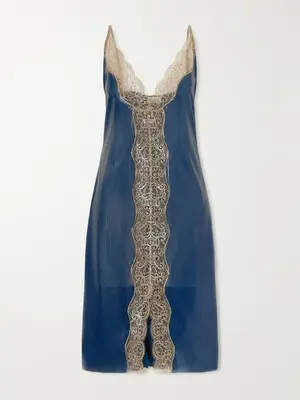 Saint Laurent Ribbed Latex-coated Lace Midi Dress - Blue