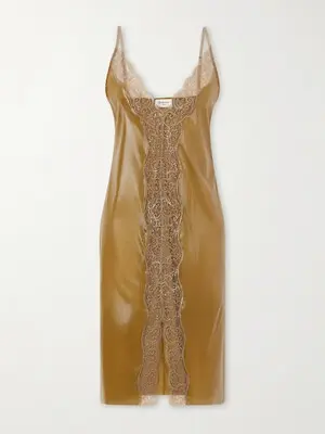 Saint Laurent Ribbed Silicone-coated Lace-trimmed Silk Midi Dress - Yellow
