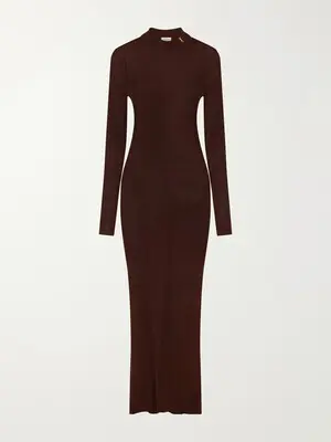 Saint Laurent Cassandre-embellished Silk Midi Dress - Brown