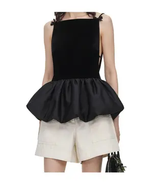SELF-PORTRAIT Velvet Top With A Bubble Hem - Black