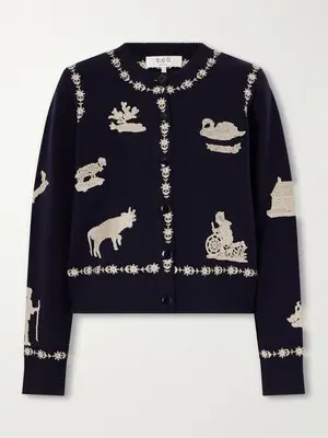 Sea Marguerite Embroidered Wool Cardigan - Blue