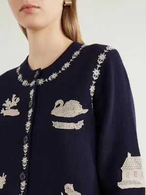 Sea Marguerite Embroidered Wool Cardigan - Blue