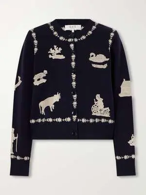 Sea Marguerite Embroidered Wool Cardigan - Navy