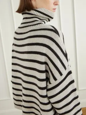LISA YANG Zerlina Striped Cashmere Turtleneck Sweater - Black