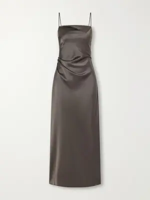 LA LIGNE Flipped Lapel Draped Satin Midi Dress - Brown