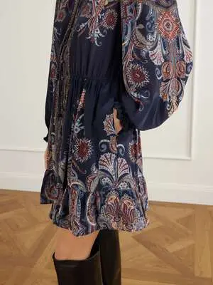 Sea Hyacinth Gathered Paisley-print Crepe Mini Dress