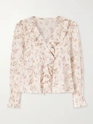 DÔEN Hardy Floral-print Shirred Silk Shirt - Neutrals