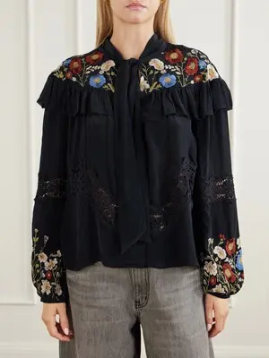 Sea Ruwa Ruffled Embroidered Lace-trimmed Crepe Blouse