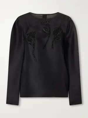 Carolina Herrera Sequin-embellished Embroidered Silk-organza Blouse - Black