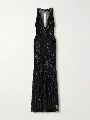 Jenny Packham Atlas Embellished Cut-out Satin Gown - Black