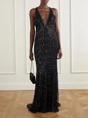 Jenny Packham Atlas Embellished Cut-out Satin Gown - Black