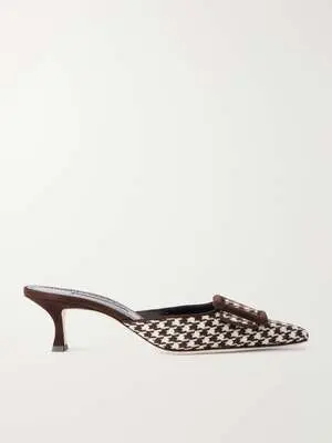 Manolo Blahnik Mayslibi 50 Suede-trimmed Houndstooth Woven Mules