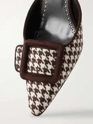 Manolo Blahnik Mayslibi 50 Suede-trimmed Houndstooth Woven Mules