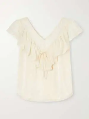 DÔEN Yadira Ruffled Lace-trimmed Silk Blouse Cream