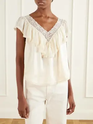 DÔEN Yadira Ruffled Lace-trimmed Silk Blouse - Neutrals