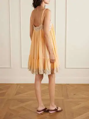 Chloé Pleated Lace-trimmed Silk-georgette Mini Dress