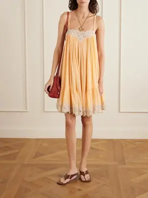 Chloé Pleated Lace-trimmed Silk-georgette Mini Dress - Orange