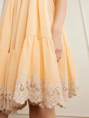 Chloé Pleated Lace-trimmed Silk-georgette Mini Dress - Orange