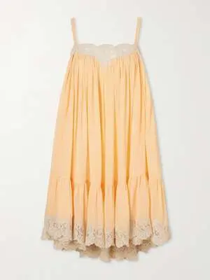Chloé Pleated Lace-trimmed Silk-georgette Mini Dress - Orange