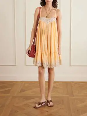 Chloé Pleated Lace-trimmed Silk-georgette Mini Dress - Orange