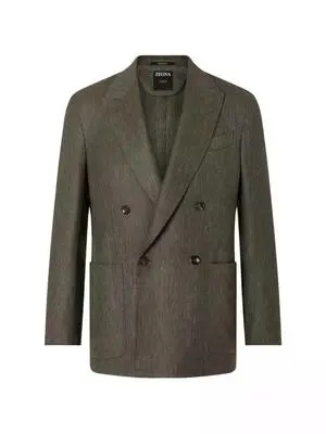 Zegna Dark Olive Cashmere Silk And Linen Jacket